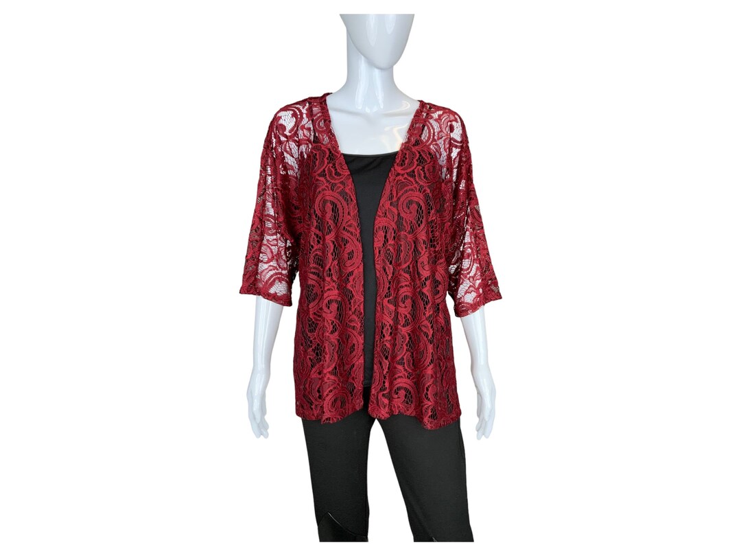 Dark Red Sheer Floral Lace Cardigan - Etsy