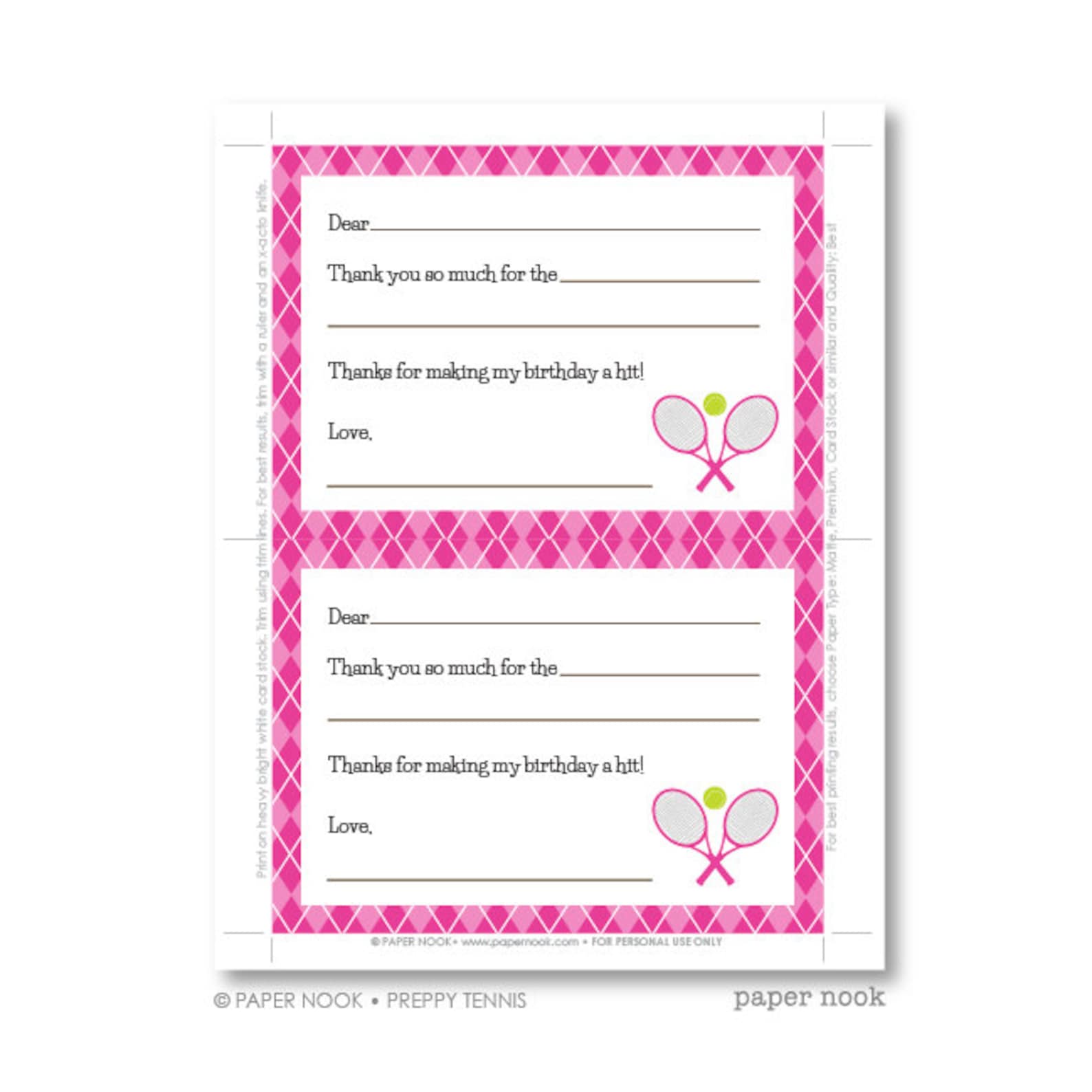 Preppy Tennis PRINTABLE Fill-in-the-blank Thank You Note - Etsy