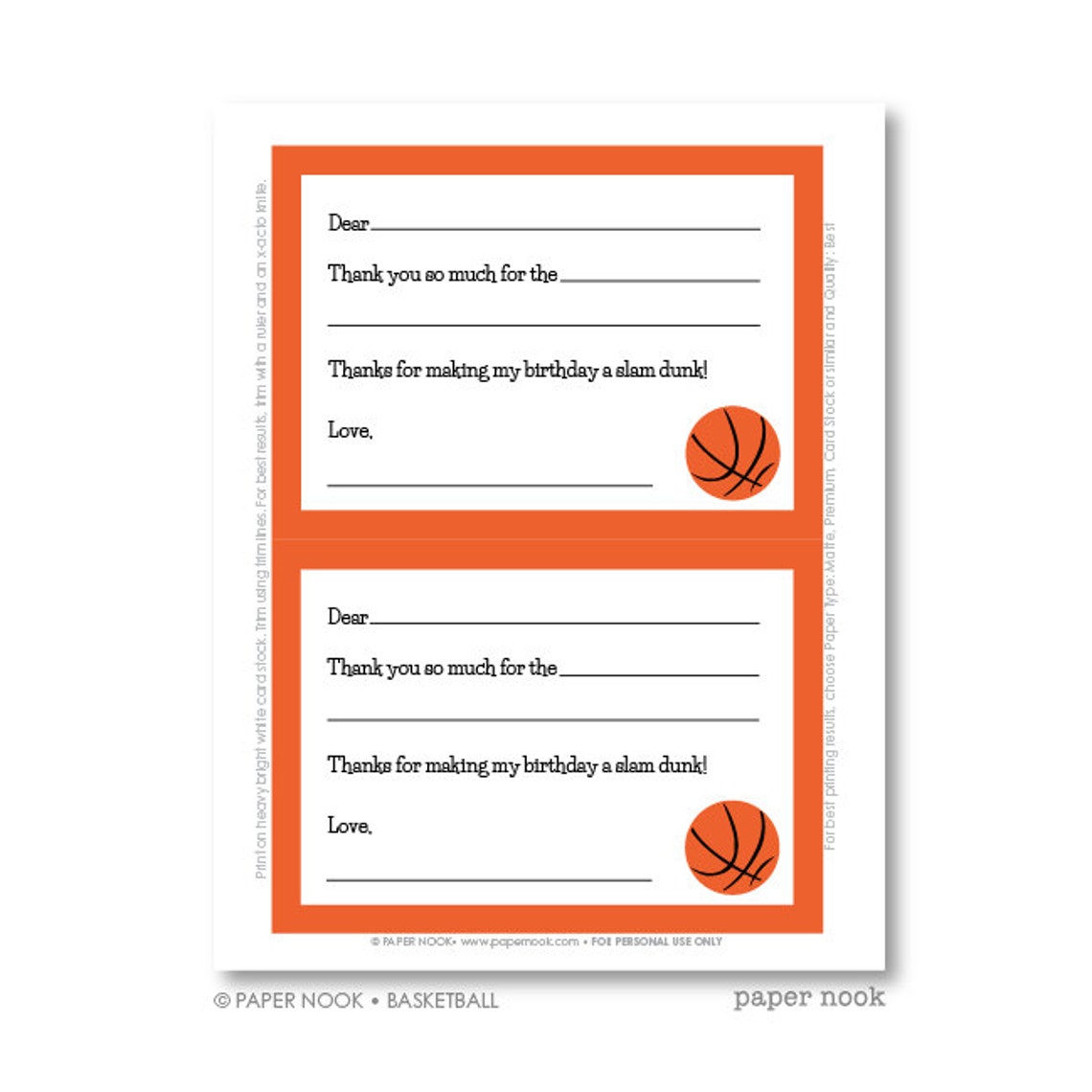 Basketball PRINTABLE Fill-in-the-blank Thank You Note - Etsy