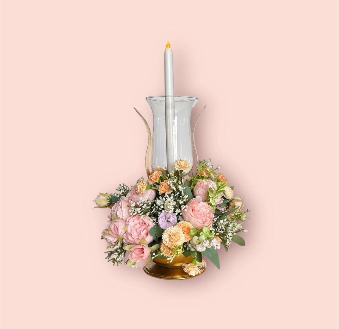 Custom Soft Pink Floral Hurricane Floral Arrangement Centerpiece -one ...