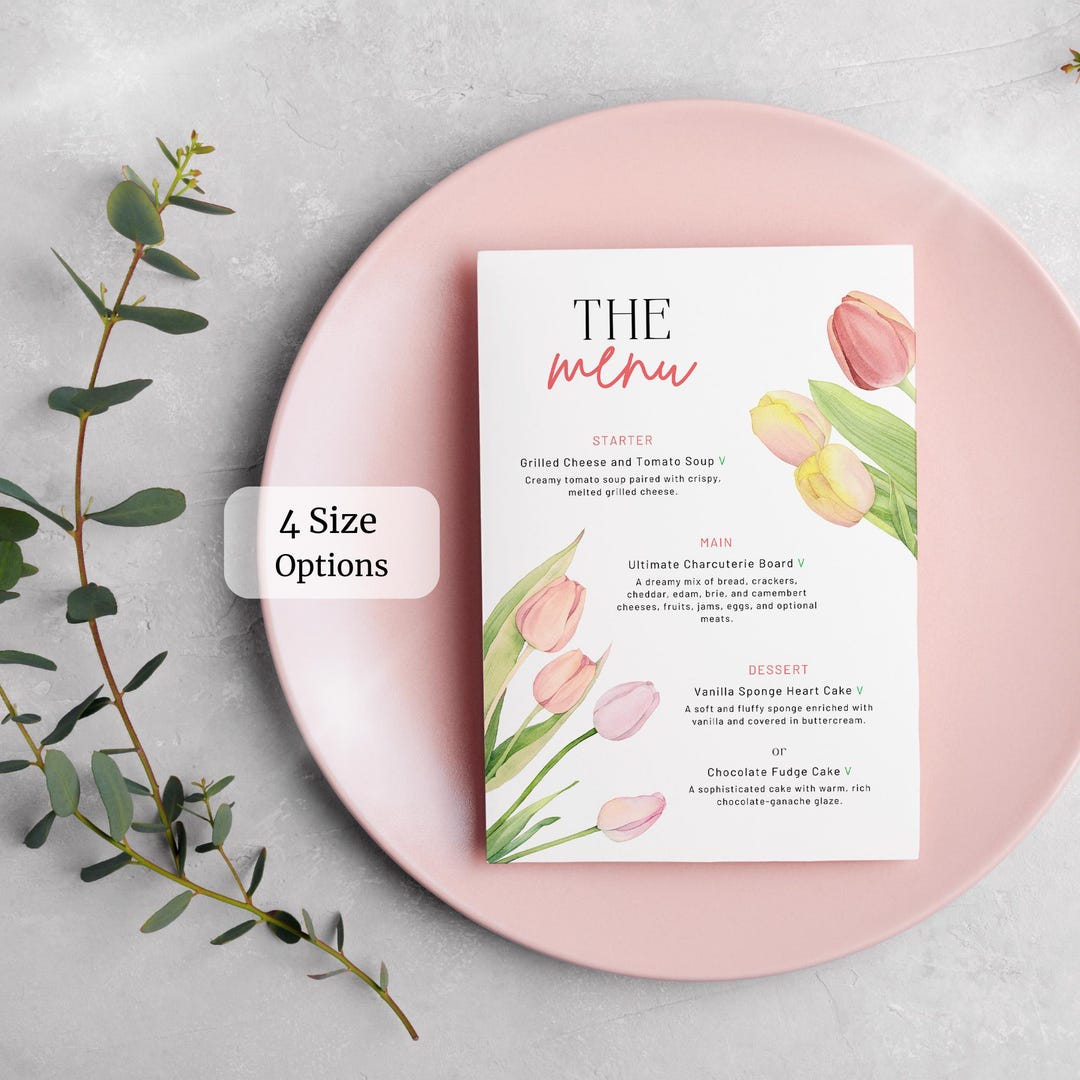 Floral Tulip Menu Template, Bridal Shower Brunch Hen Party Dinner ...