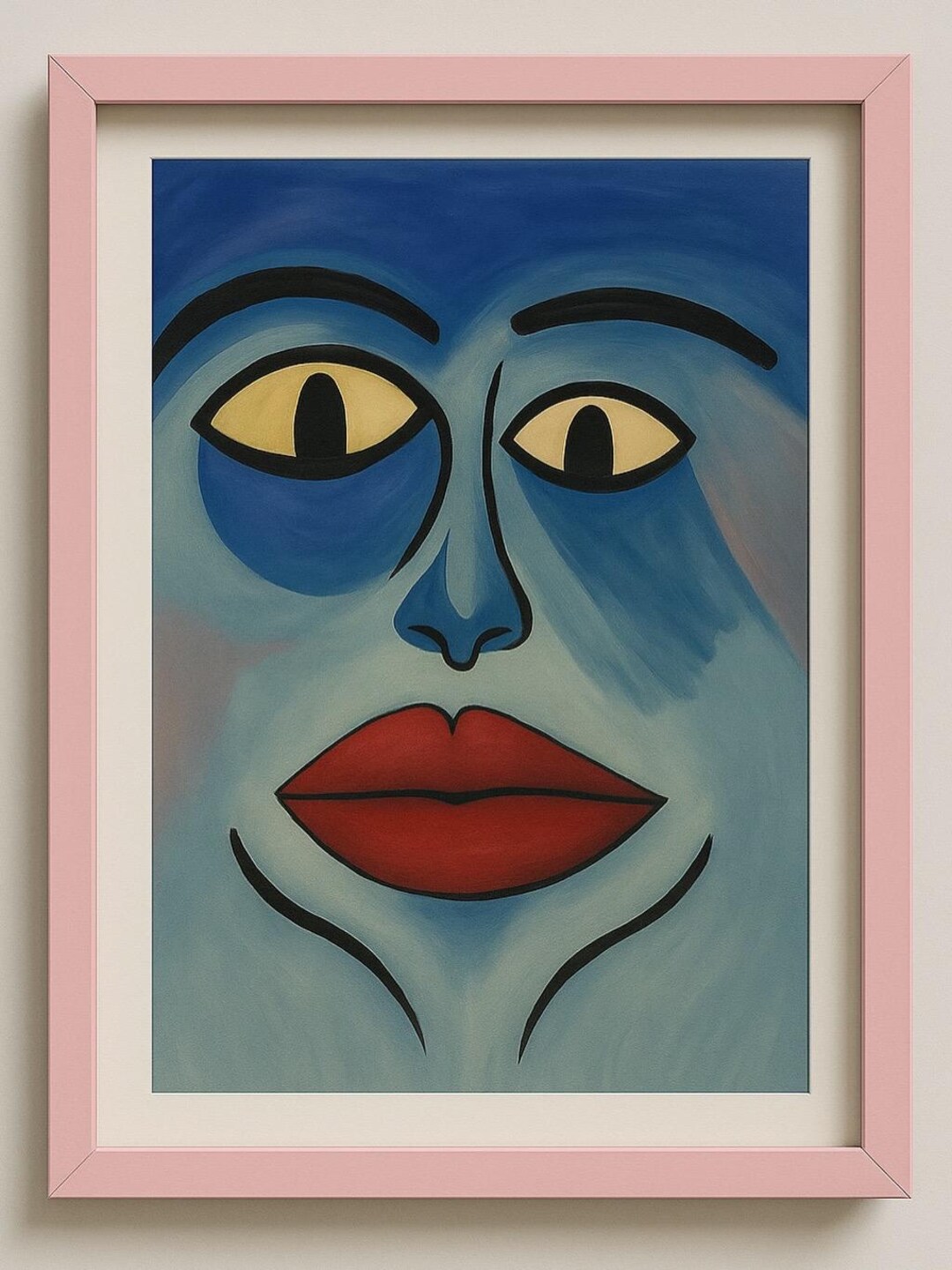Bold Blue Face Art Print – Surreal Red Lips Abstract Wall Art – Modern ...