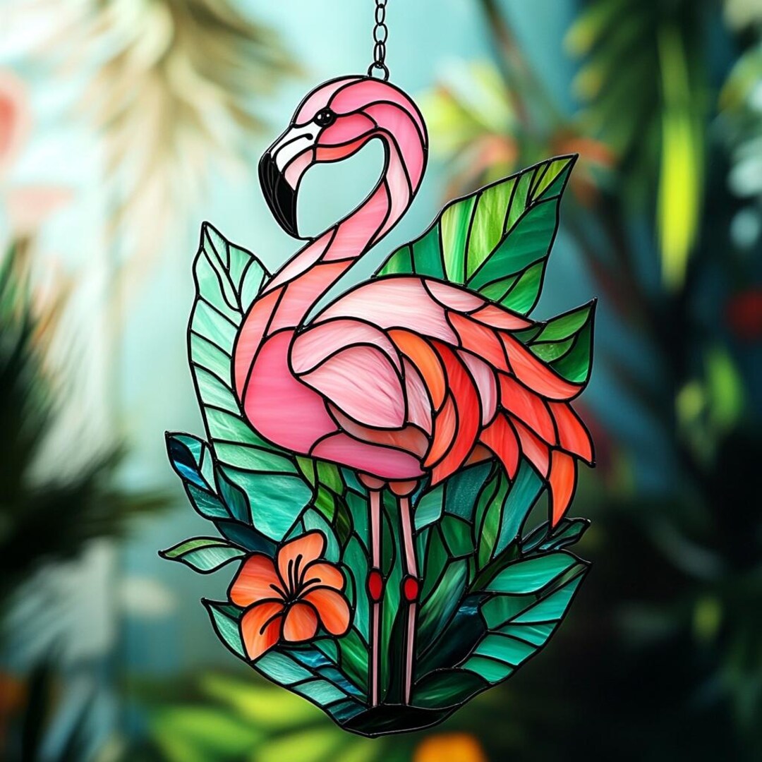 Flamingo Bird ACRYLIC Faux Stained Glass Suncatcher Window Hanging ...