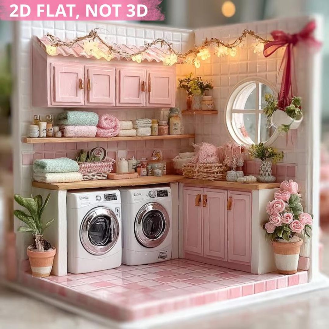 Pastel Laundry Room 2D FLAT ORNAMENT, Cute Washer Dryer Scene, Pink ...