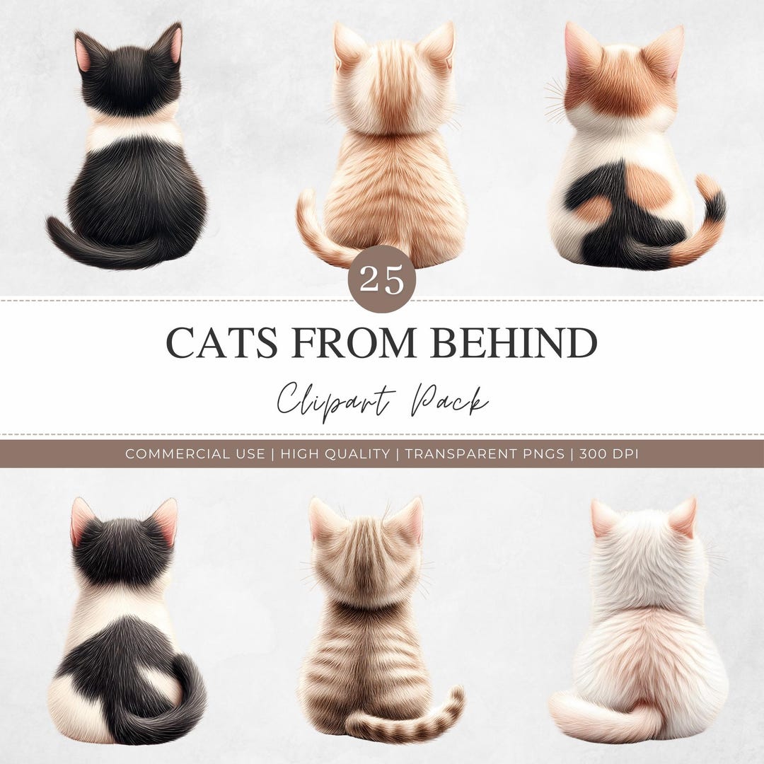Cats From Behind PNG Clipart, Watercolor Back View Cats, Neutral ...