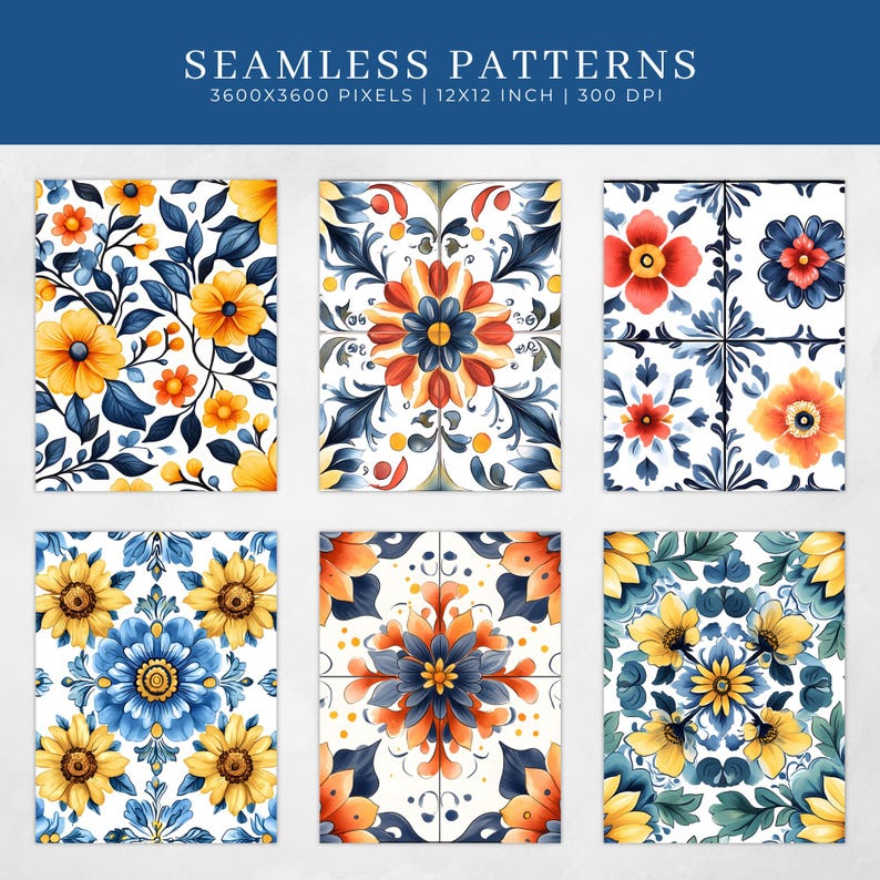 Mexican Talavera Tile Seamless Patterns, Watercolor Digital Paper ...