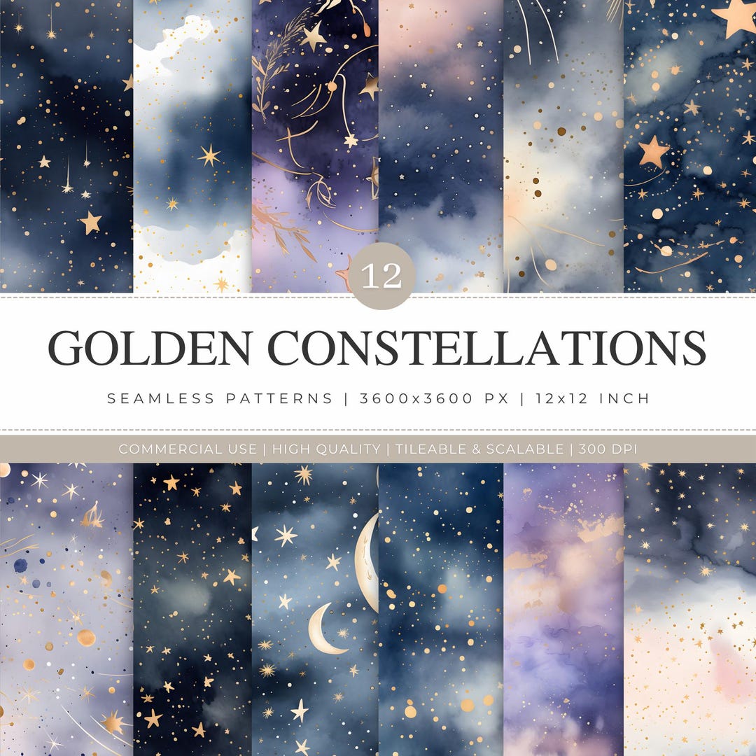 Golden Constellations Seamless Patterns | Celestial Watercolor Digital ...