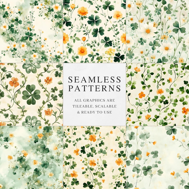 Clovers & Marigolds Seamless Pattern Pack | Watercolor Botanical ...