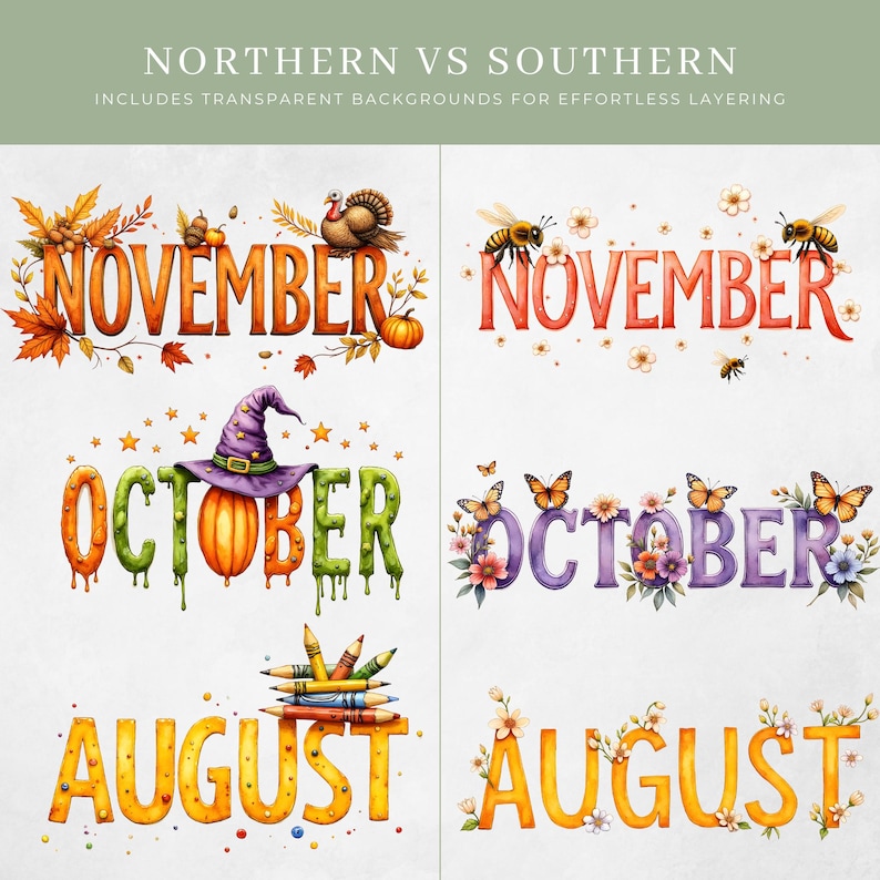 Months of the Year Watercolor Clipart | Northern & Southern Hemisphere ...