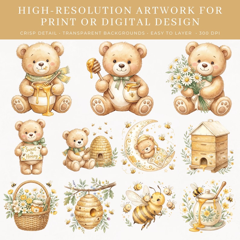 Sweet as Honey Watercolor Clipart | 50 Whimsical Bee & Teddy Bear PNG ...