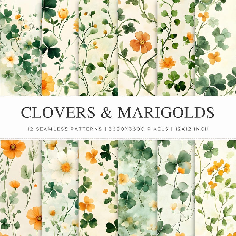 Clovers & Marigolds Seamless Pattern Pack | Watercolor Botanical ...