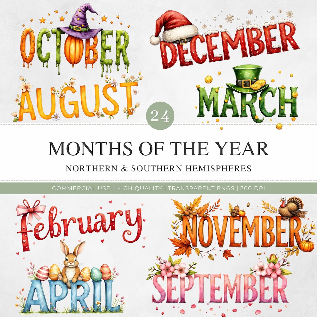 Months of the Year Watercolor Clipart | 24 Monthly Names PNG | Seasonal ...