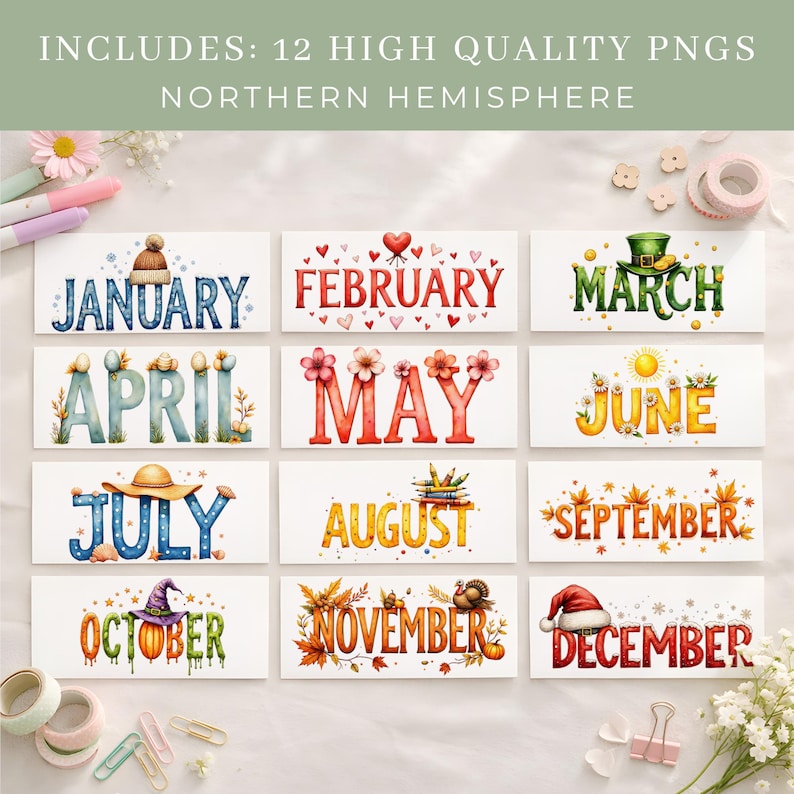 Months of the Year Watercolor Clipart | Northern & Southern Hemisphere ...