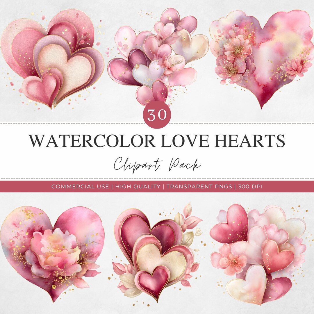 Watercolor Love Hearts Clipart Pngs, Pink Crimson Cream Floral Romantic ...