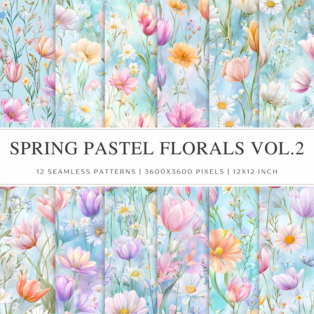 Spring Pastel Floral Seamless Patterns, Light Meadow Flowers, Soft Blue ...