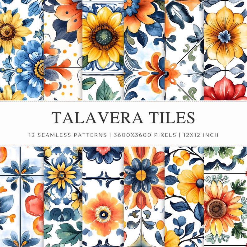 Mexican Talavera Tile Seamless Patterns, Watercolor Digital Paper ...