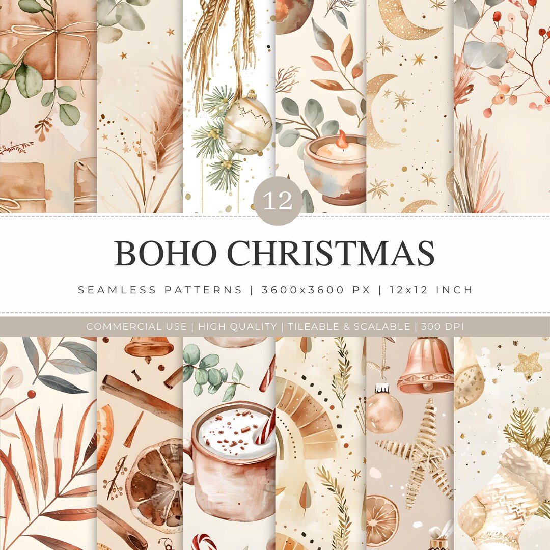 Boho Christmas Patterns | Neutral Holiday Digital Paper | Minimalist ...