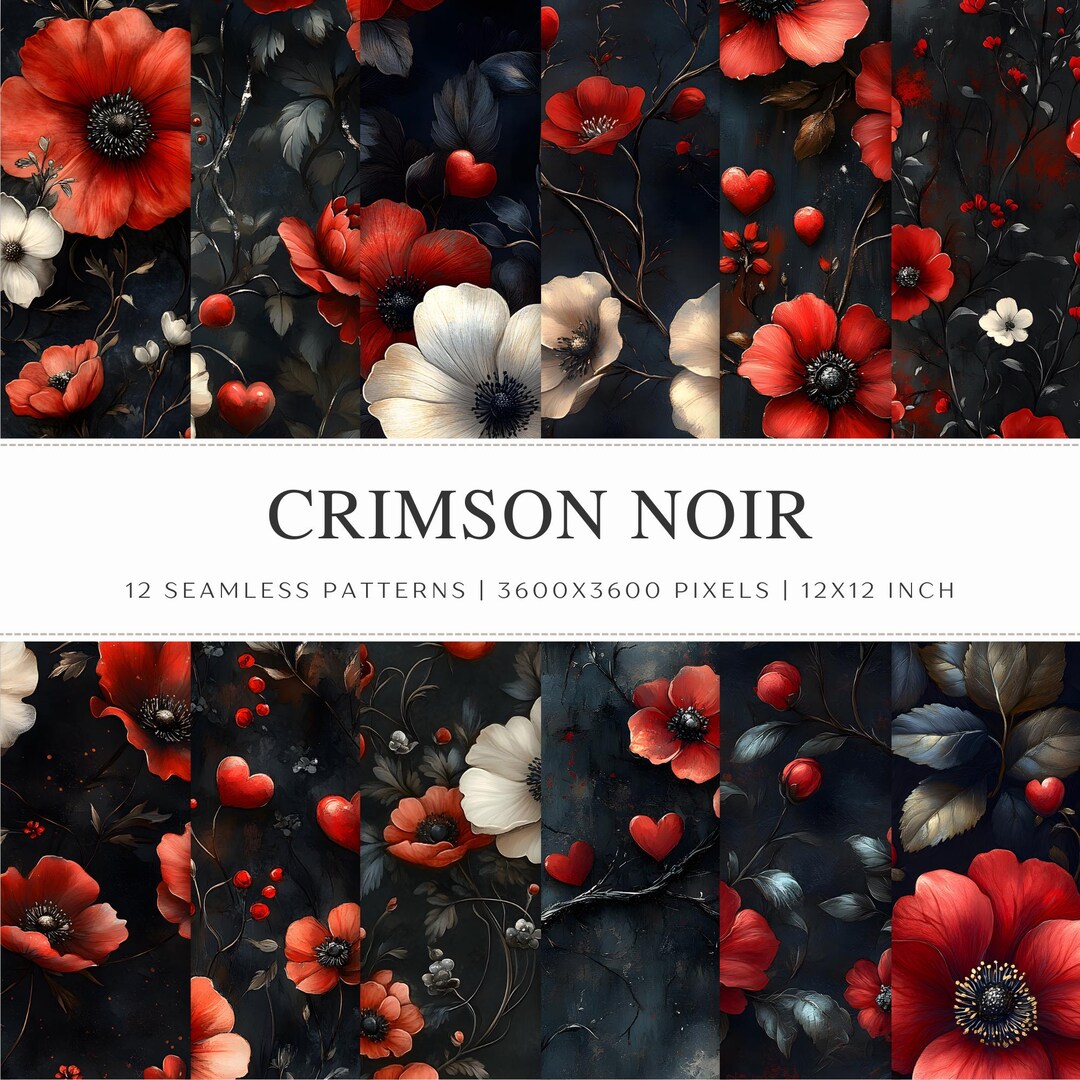 Gothic Valentine Floral Seamless Patterns, Red Poppy Hearts, Dark ...
