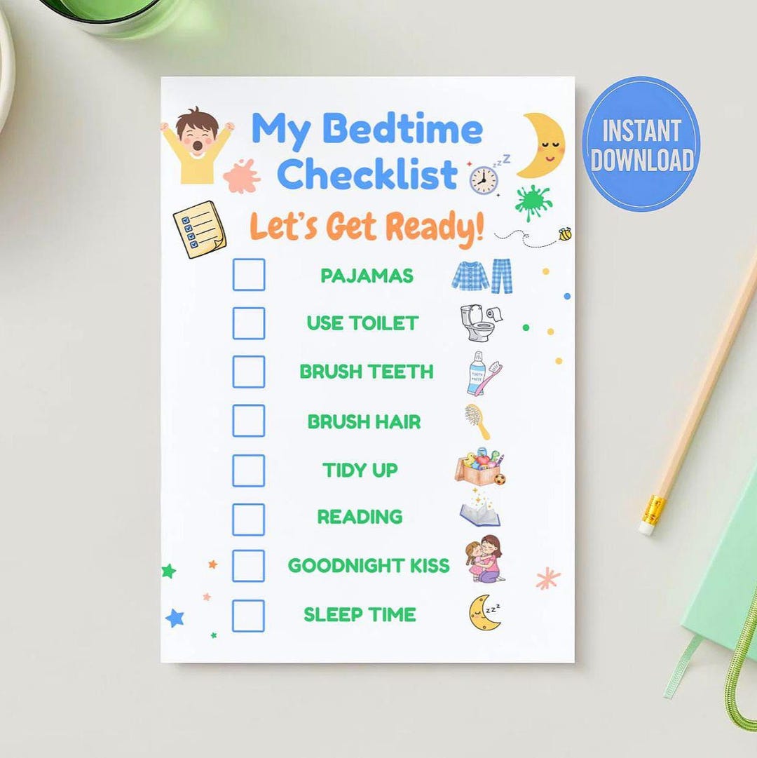 Kids Bedtime Routine Chart - Daily Checklist, Sleep List for Toddlers ...