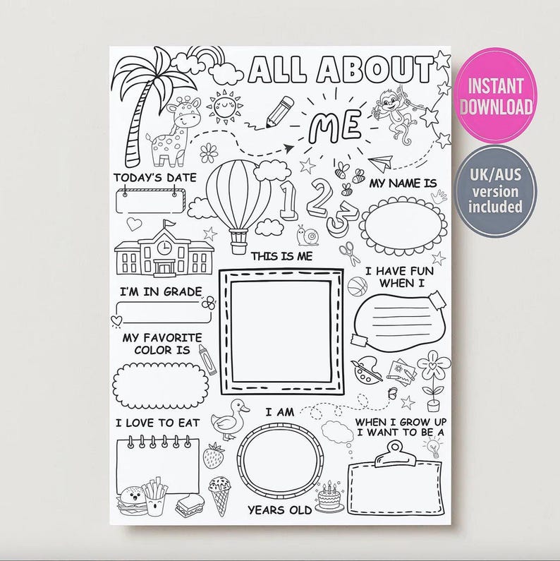 All About Me Worksheet Printable – First Day of School Coloring Page ...