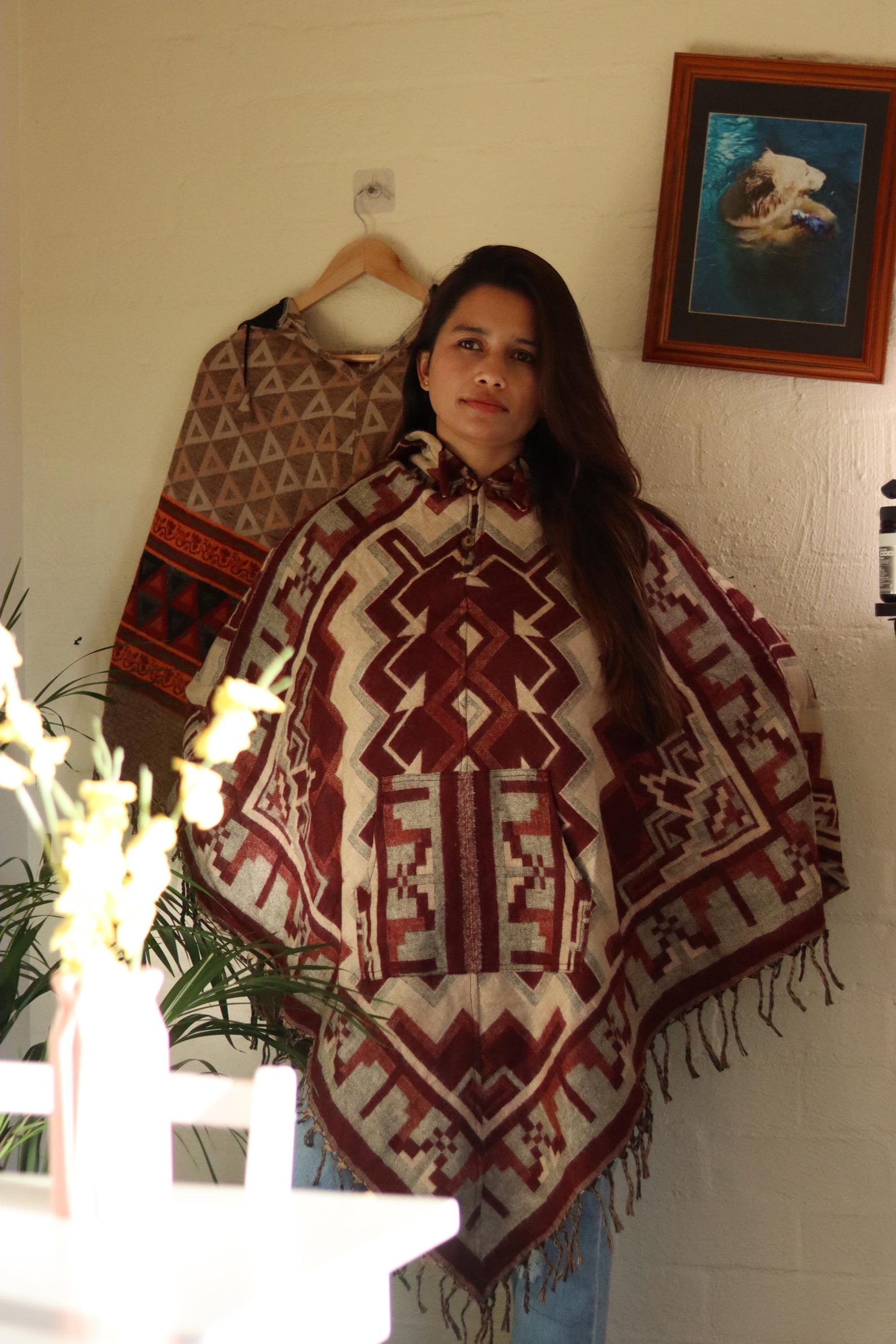 Hooded Poncho Bohemian Style Himalayan Yak's Wool Blended Handwoven ...