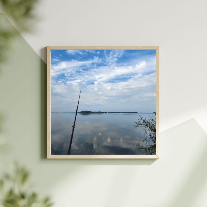 Serene Lake Reflection Fishing Photography Print, Calm Blue Landscape ...