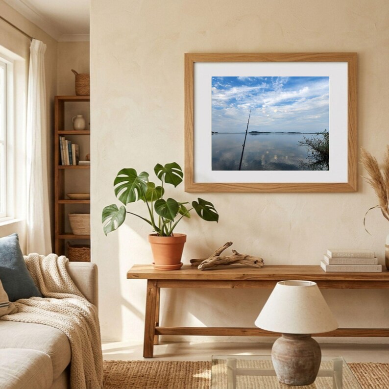 Serene Lake Reflection Fishing Photography Print, Calm Blue Landscape ...