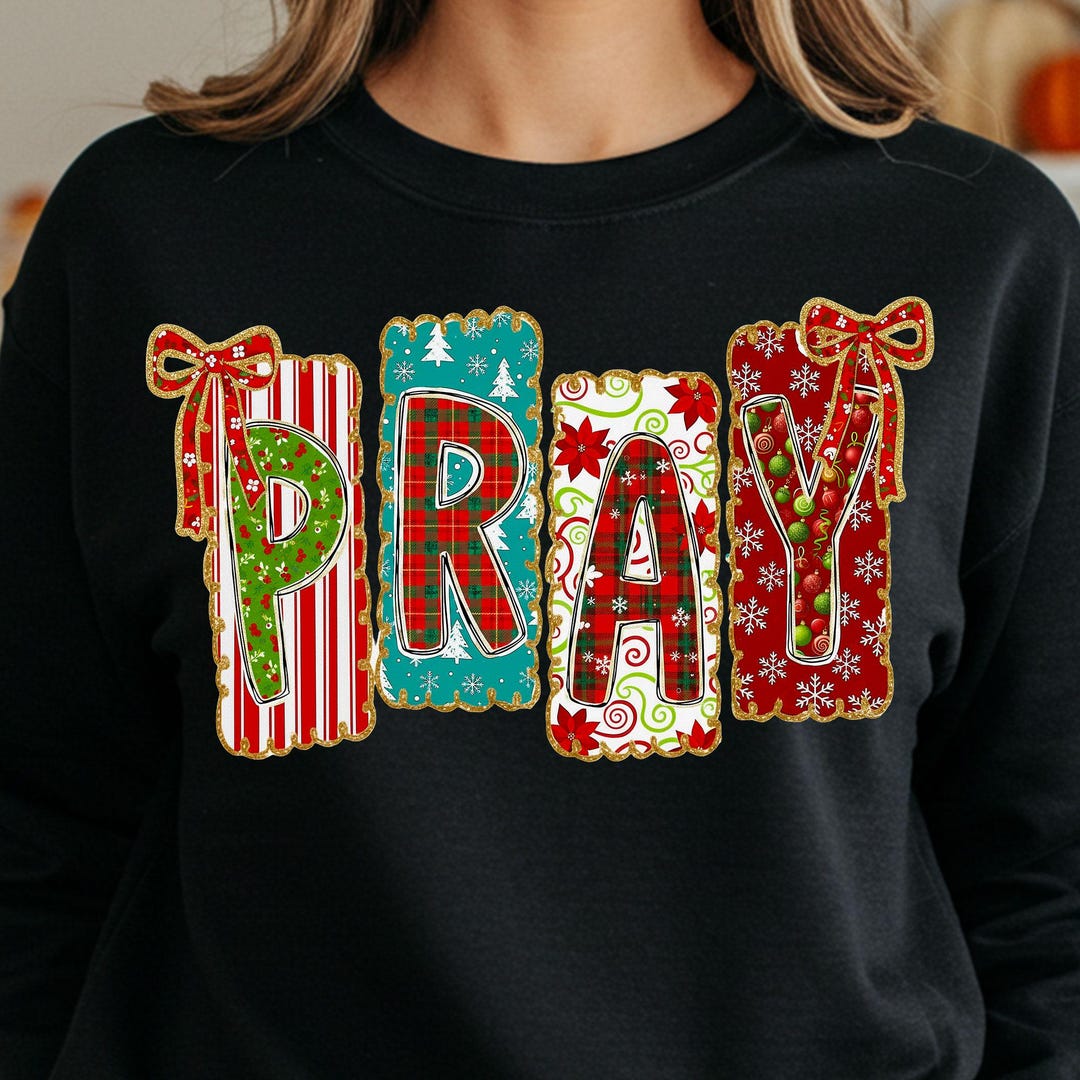 Christmas Pray PNG: Festive Letters With Bows, Snowflakes Plaid ...