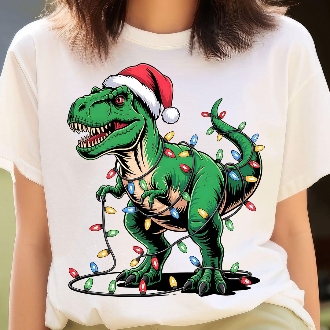 Christmas T-rex PNG: Dinosaur With Santa Hat and Lights | Funny Holiday ...
