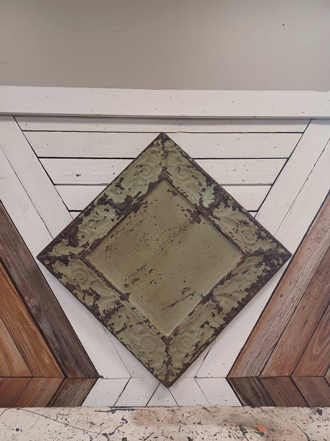 Chippy Green Ceiling Tile Wall Hanging Pressed Tin Antique Square Tin ...