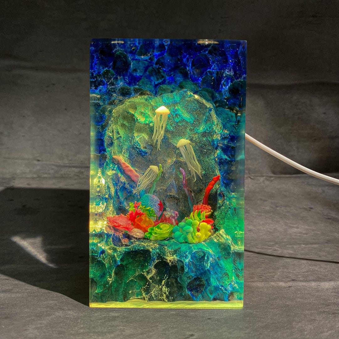 Jellyfish Resin Lamp – LED Epoxy Coral Reef Light | Vibrant Handmade ...