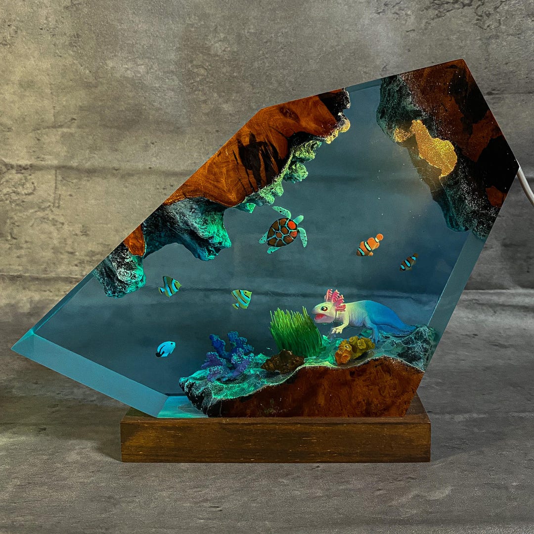 Axolotl Resin Lamp – LED Ocean Scene With Cute Walking Fish, Turtles ...