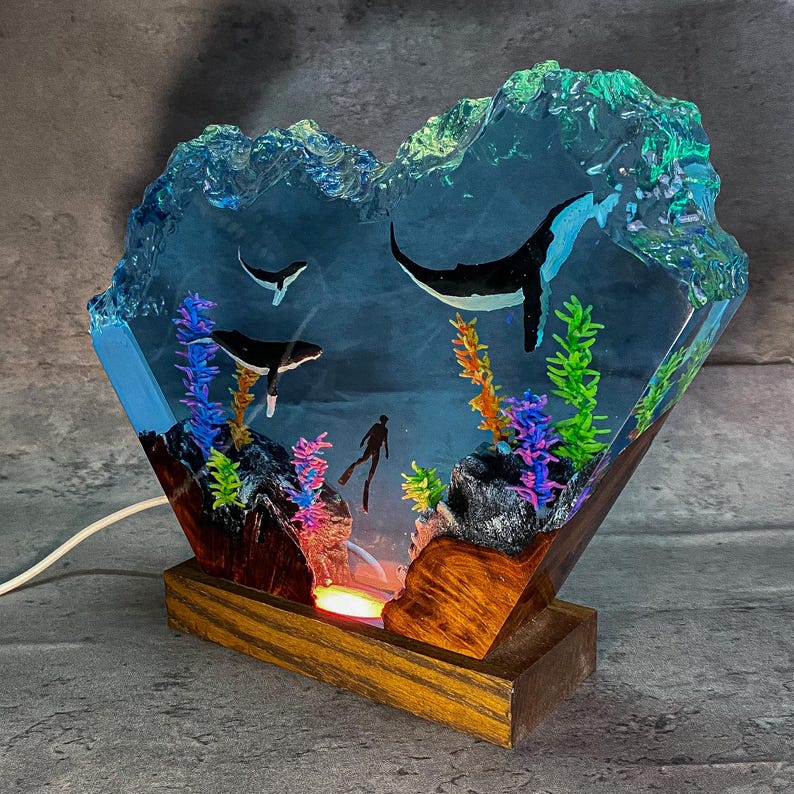 Humpback Whale Resin Lamp With Diver, Ocean LED Coral Night Light ...