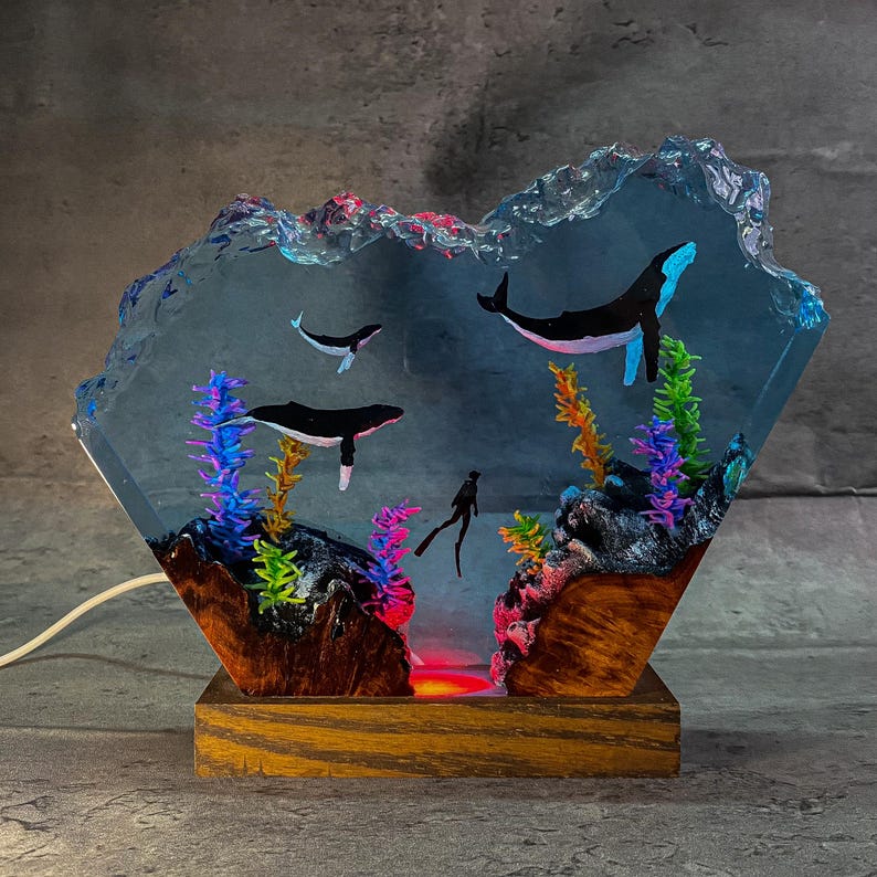 Humpback Whale Resin Lamp With Diver, Ocean LED Coral Night Light ...