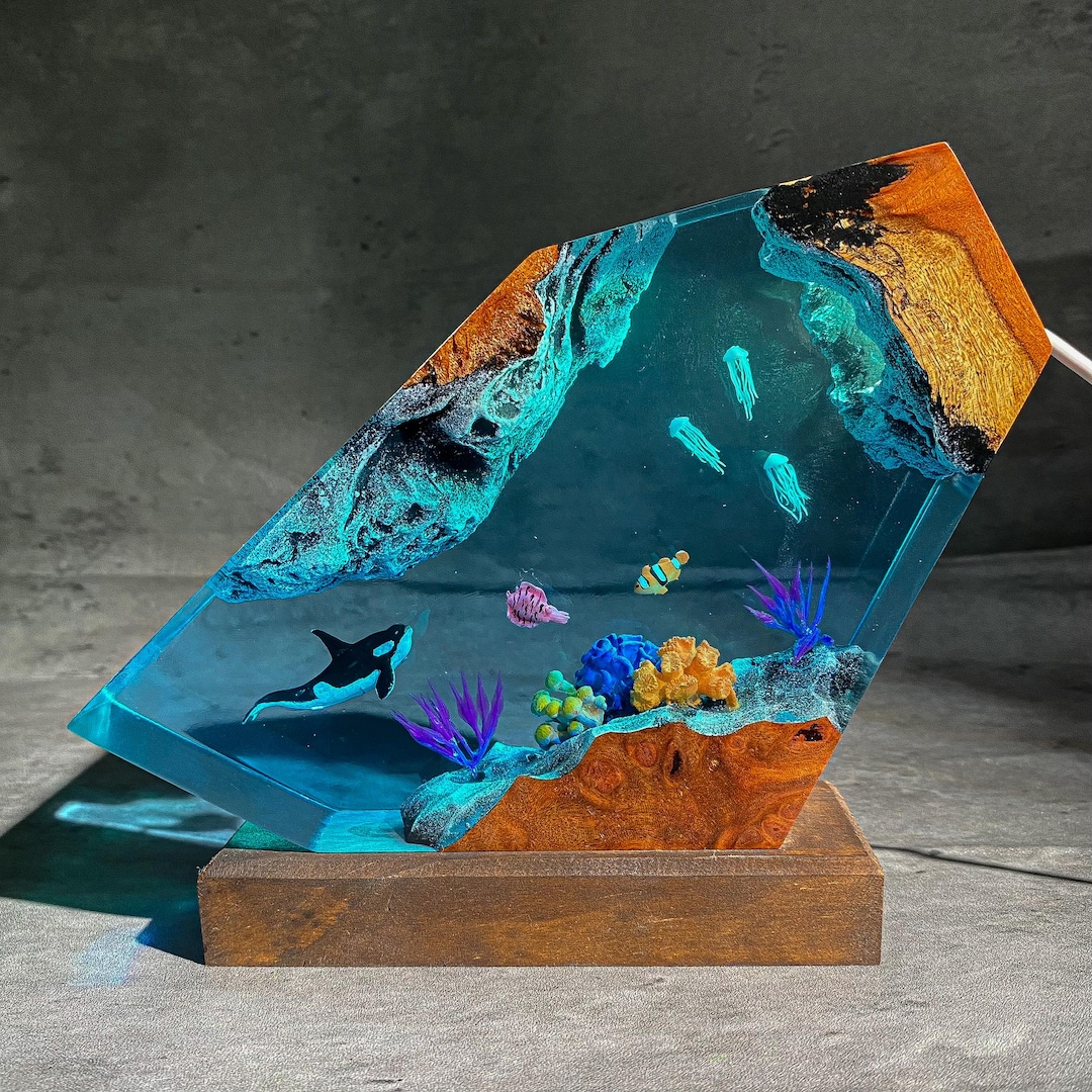 Orca Coral Reef Resin Lamp – Handmade Ocean Epoxy Light With Clownfish ...