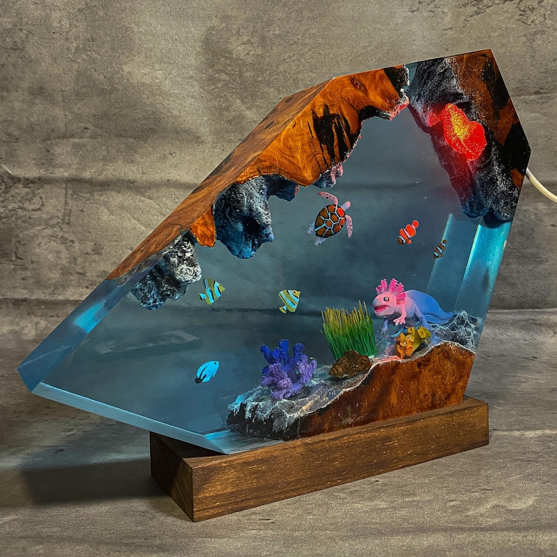 Axolotl Resin Lamp – LED Ocean Scene With Cute Walking Fish, Turtles ...