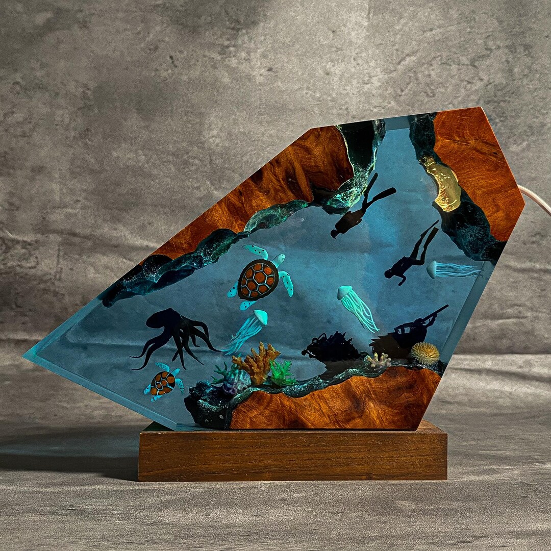 Ocean Diver Resin Lamp – Handmade LED Deep Sea Scene With Octopus ...