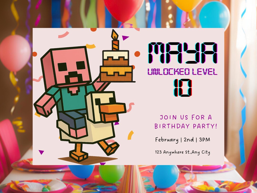 Game Birthday Invitation Template: Pink Craft Block Party (digital ...