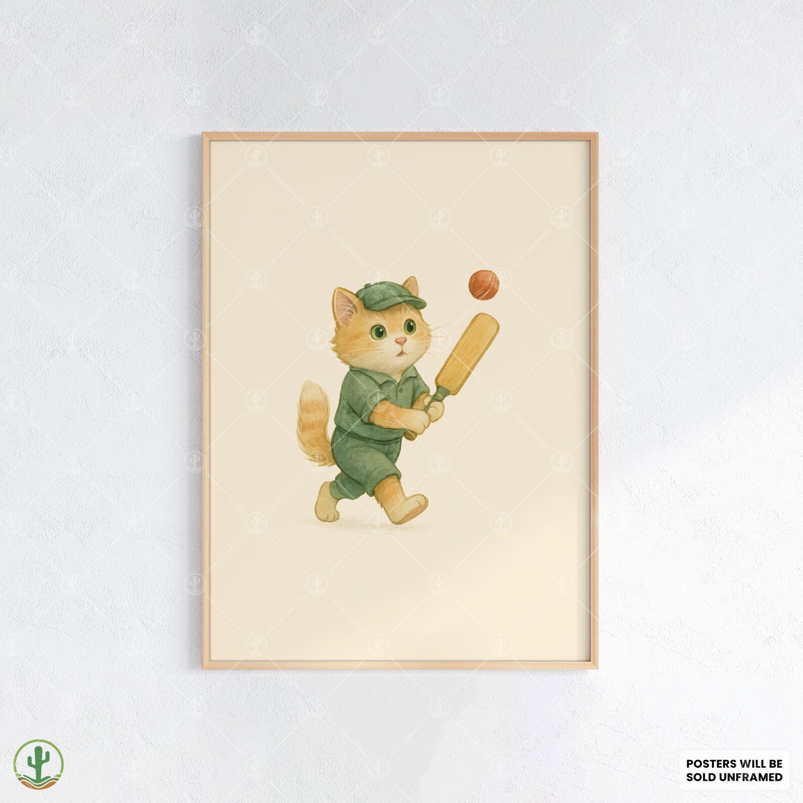 Cute Cricket Cat Poster Print – Watercolor Orange Kitten in Green ...