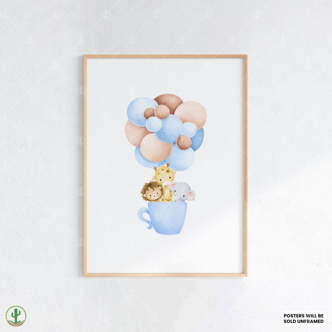 Safari Animals in Teacup Balloons | Nursery Wall Art Print | Cute Baby ...