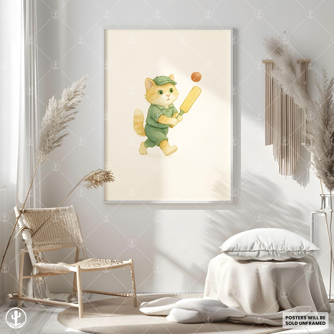 Cute Cricket Cat Poster Print – Watercolor Orange Kitten in Green ...