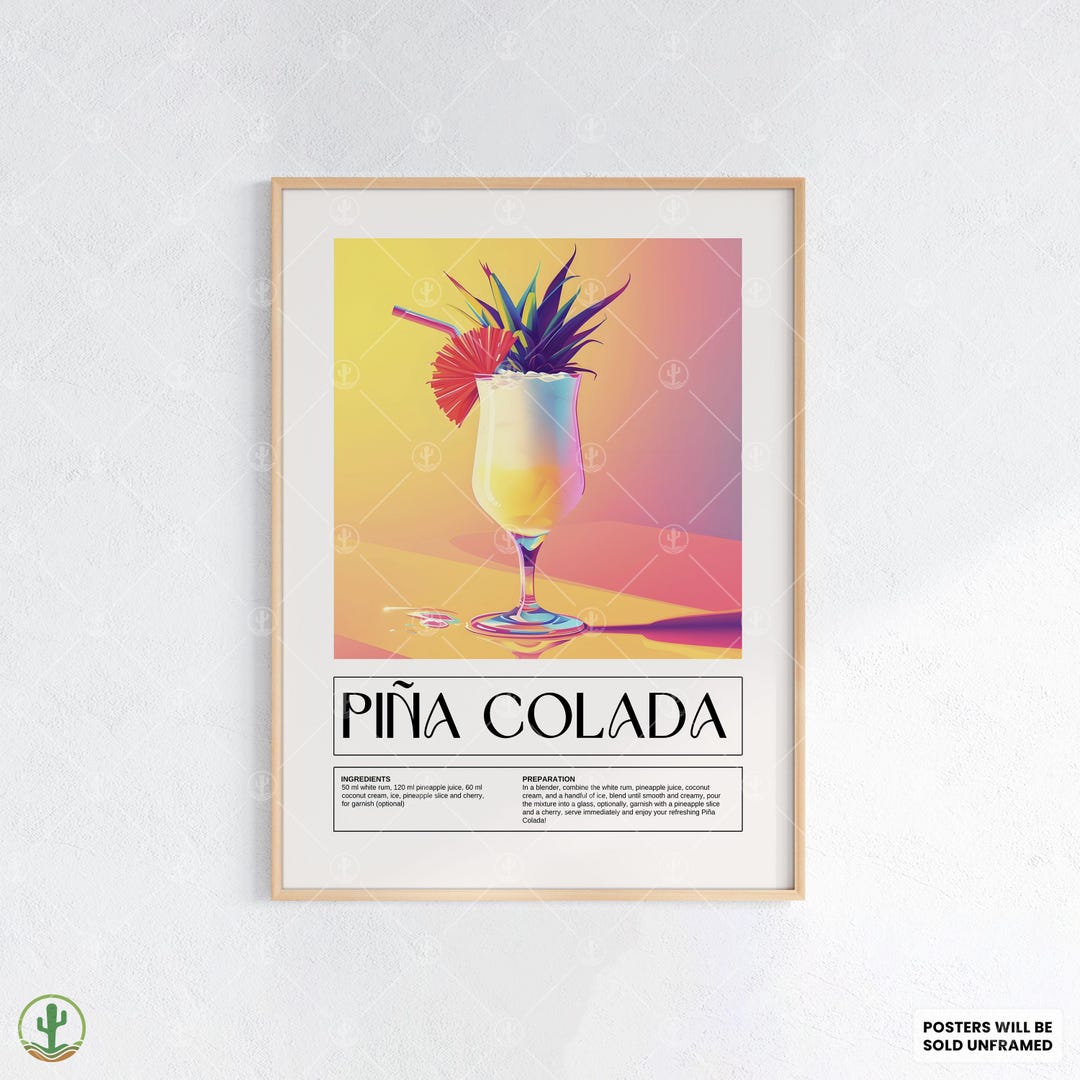 Piña Colada Cocktail Wall Art Print | Tropical Drink Poster With ...