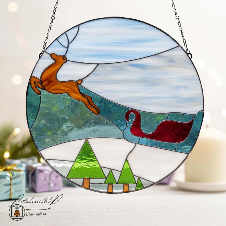 NOEL31 Flying Reindeer Stained Glass Pattern, Santa Sleigh Christmas ...