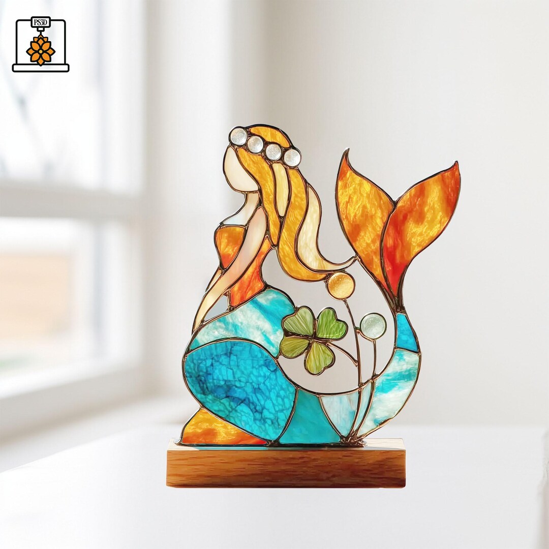 Digital PSC10 Stained Glass Mermaid Lady Four-leaf Clover Pattern Bee ...