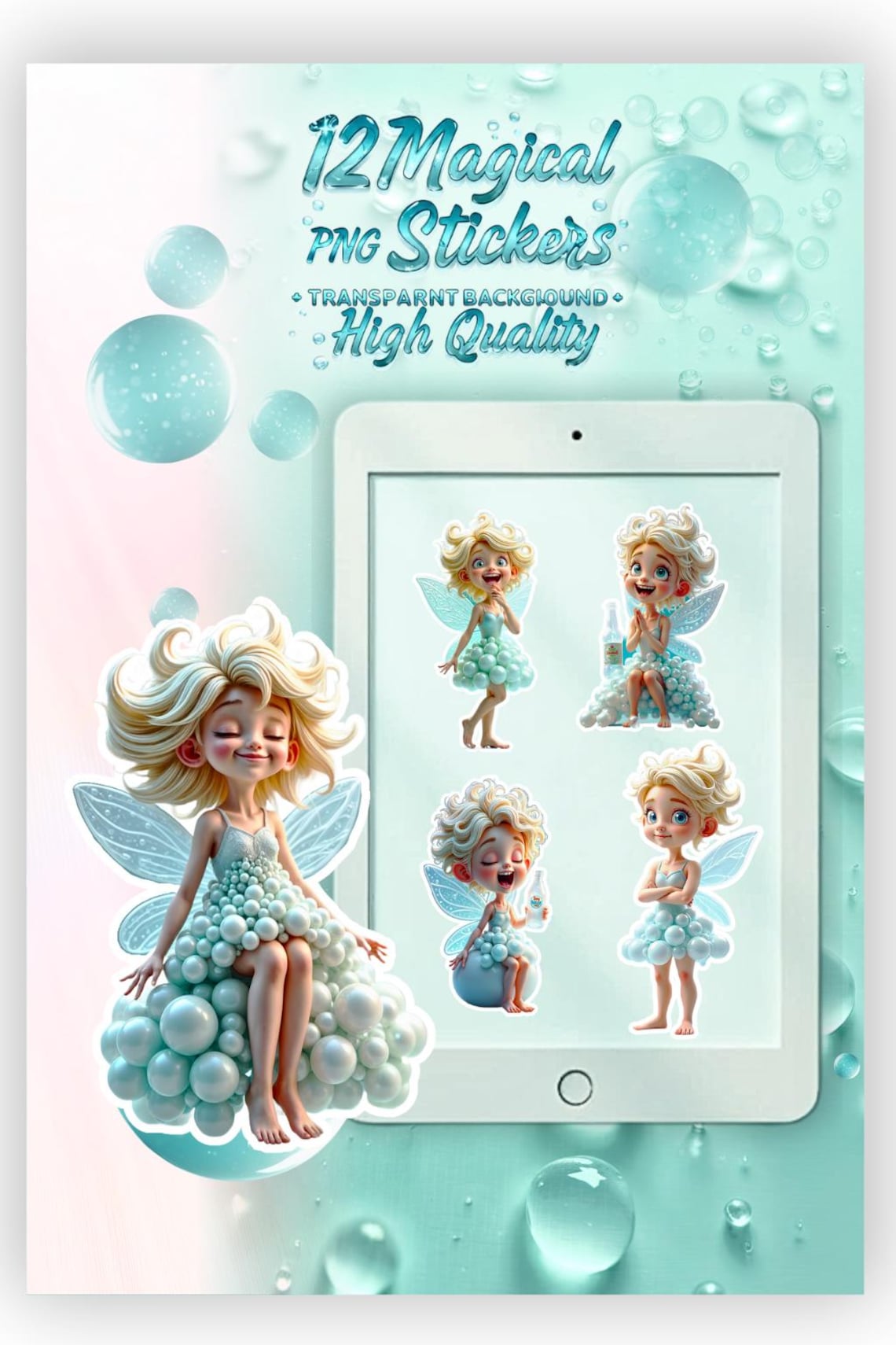 Bubble Bliss Fairy Pack – 12 Magical PNG Stickers | Whimsical Digital ...