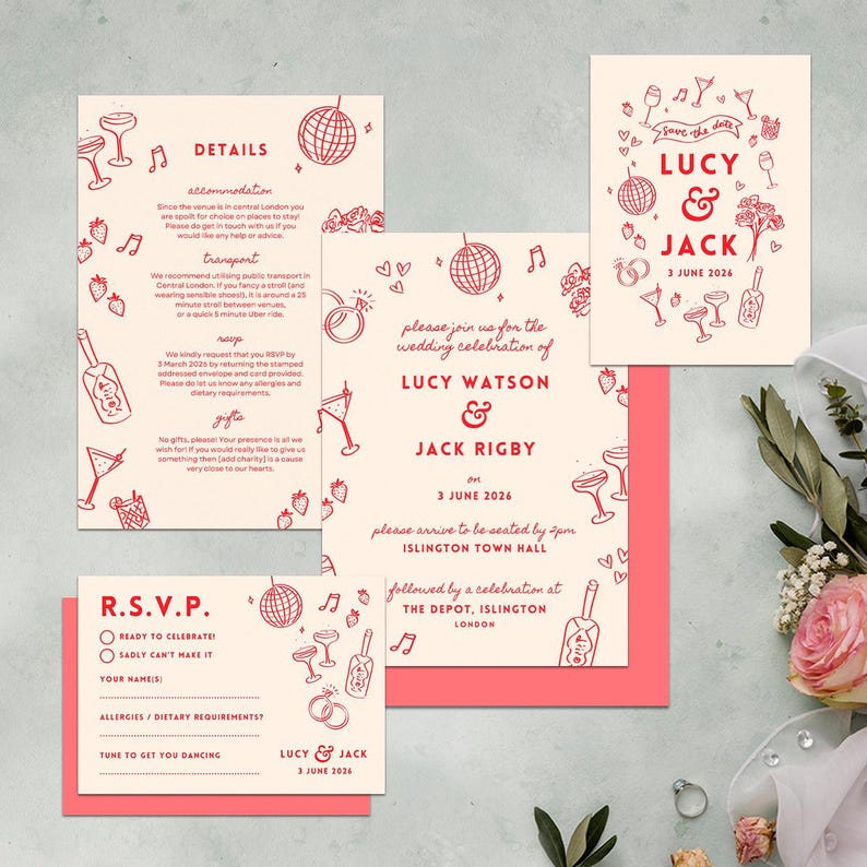 Wedding Bundle Template, Hand Drawn Illustration, Canva, Relaxed Chic ...