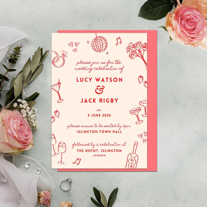 Illustrated Wedding Invitation Suite, Fun Vibe, Canva Template (digital ...