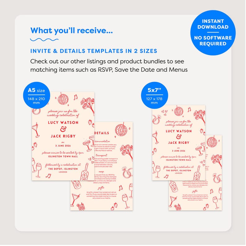 Illustrated Wedding Invitation Suite, Fun Vibe, Canva Template (digital ...