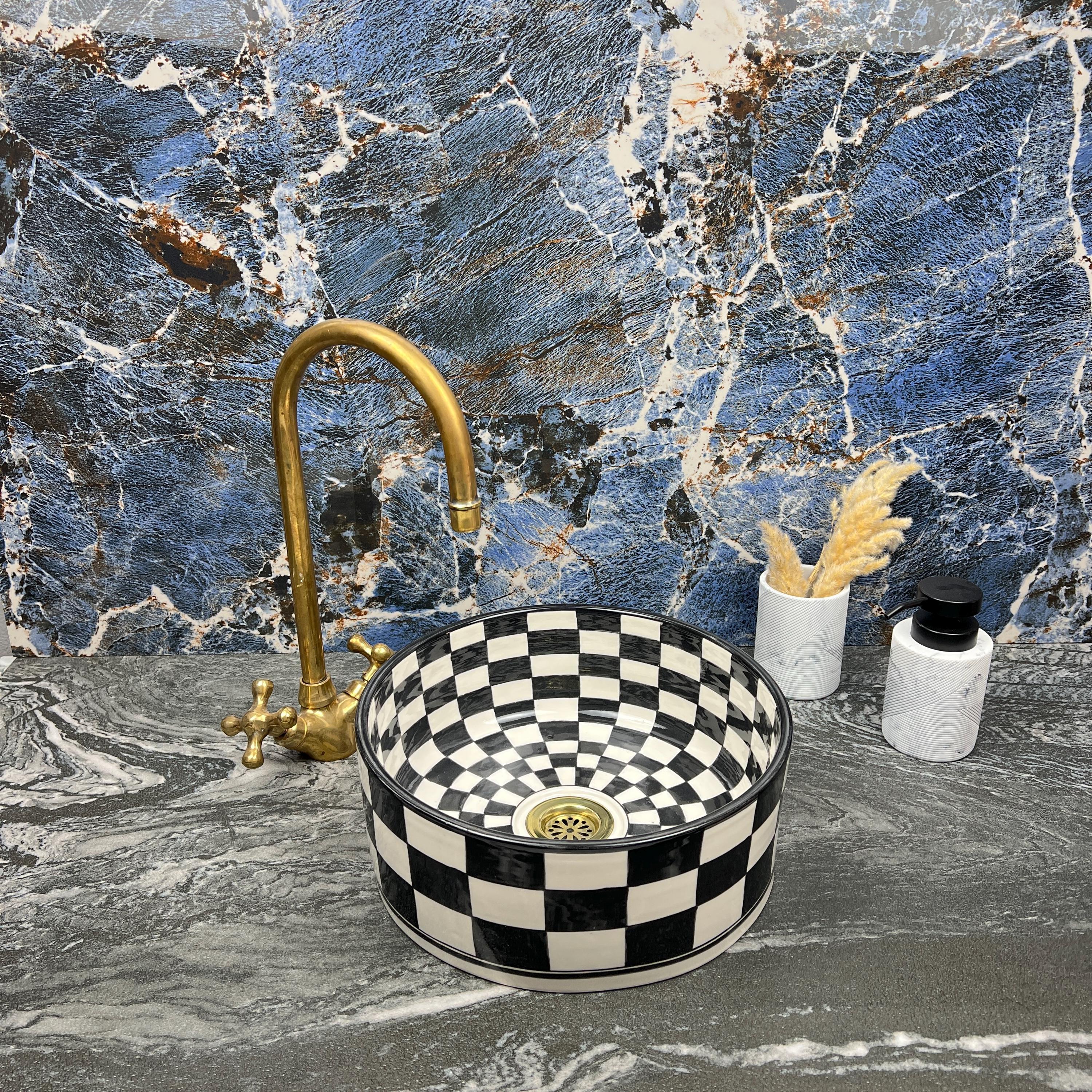 Handmade Countertop Ceramic Wash Basin, Checkered Sink Bowl, Hand ...