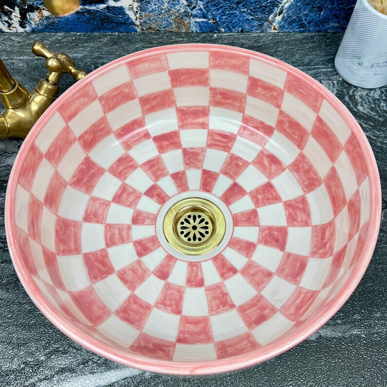 Checkered Ceramic Sink – Countertop Vessel Basin – Farmhouse Bathroom ...